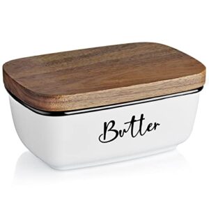 farmhouse butter dish, alelion large ceramic butter dish with lid for countertop, vintage butter keeper with thick acacia wood lid, farmhouse kitchen decor and accessories for kitchen gifts, white