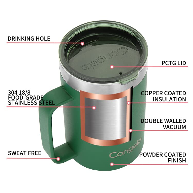 Congela 18oz Premium Stainless steel insulated coffee mug with handle, double wall insulated coffee mug, travel camping cup with Tritan lid, Green color(Forest, 18oz)