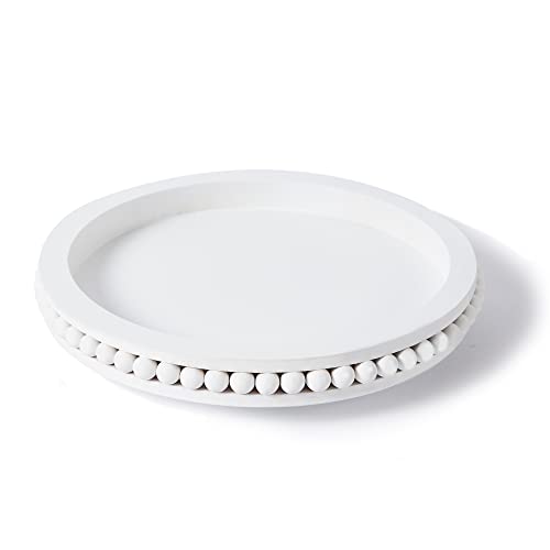 12 Inch White Beaded Lazy Susan for Table, Farmhouse Wooden Lazy Susan Turntable, Decorative Lazy Susan,360 Degrees Rotating Table Decor Spinning Tray