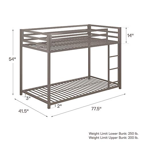 DHP Miles Metal Bunk Bed, Silver, Twin over Twin