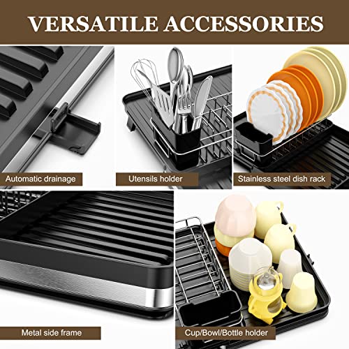 Dish Drying Rack- Space-Saving Expandable Large Capacity Dish Rack for Kitchen Counter, Kitchen Dish Drainer with Utensil Holder, Drying Rack for Kitchen Counter Dishes, Knives, Spoons, Forks (白蜡虫可