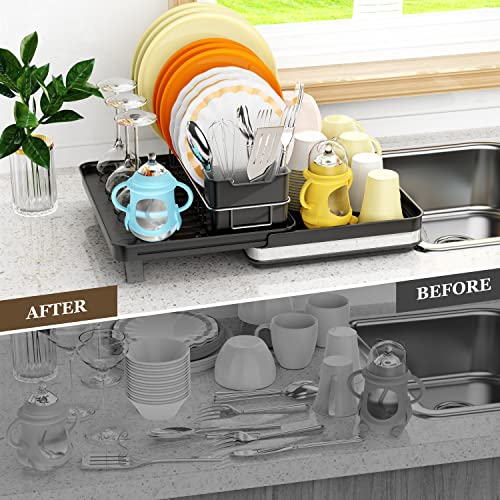 Dish Drying Rack- Space-Saving Expandable Large Capacity Dish Rack for Kitchen Counter, Kitchen Dish Drainer with Utensil Holder, Drying Rack for Kitchen Counter Dishes, Knives, Spoons, Forks (白蜡虫可