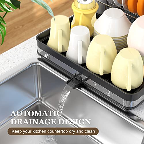 Dish Drying Rack- Space-Saving Expandable Large Capacity Dish Rack for Kitchen Counter, Kitchen Dish Drainer with Utensil Holder, Drying Rack for Kitchen Counter Dishes, Knives, Spoons, Forks (白蜡虫可