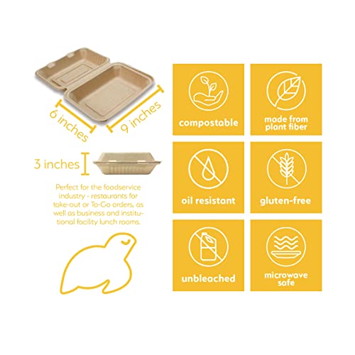 100% Compostable Disposable Food Containers with Lids [9”X6” 500 Pack] Eco-Friendly Take-Out TO-GO Containers, Heavy-Duty, Biodegradable, Unbleached by Earth's Natural Alternative