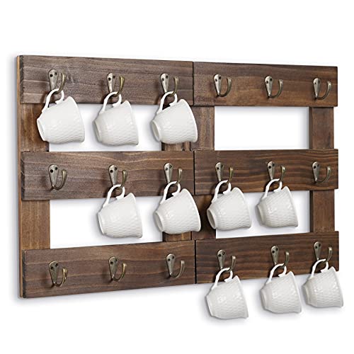 TRSPCWR Wood Coffee Mug Holder Stand 18 Hooks, Foldable Wall Mounted Cups Rack Organizer, Holder Rack for Coffee Station, Kitchen Storage and Home (Dark Brown)