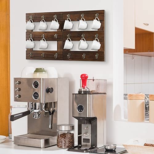 TRSPCWR Wood Coffee Mug Holder Stand 18 Hooks, Foldable Wall Mounted Cups Rack Organizer, Holder Rack for Coffee Station, Kitchen Storage and Home (Dark Brown)