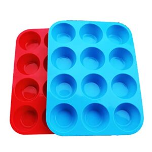 JEWOSTER Non-Sticky Silicone Muffin Pan—Muffin Molder for Muffins and Cupcakes—Cupcake silicone molder—Baking Accessory—12 X Muffin Molders (12-Red+Blue)