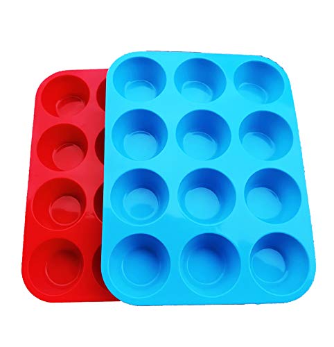 JEWOSTER Non-Sticky Silicone Muffin Pan—Muffin Molder for Muffins and Cupcakes—Cupcake silicone molder—Baking Accessory—12 X Muffin Molders (12-Red+Blue)