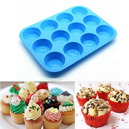 JEWOSTER Non-Sticky Silicone Muffin Pan—Muffin Molder for Muffins and Cupcakes—Cupcake silicone molder—Baking Accessory—12 X Muffin Molders (12-Red+Blue)