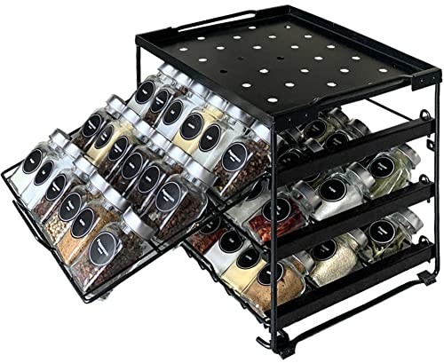 Artibear Spice Rack Organizer with Mesh Drawer for Kitchen Cabinet, 3-Tier Seasoning Storage Holder for Pantry Countertop, Matte Black (Jars Not Included)