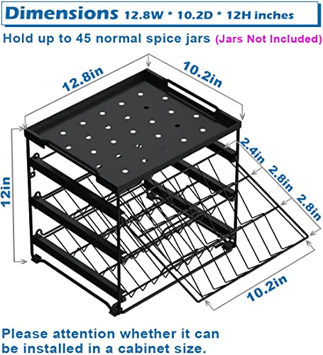 Artibear Spice Rack Organizer with Mesh Drawer for Kitchen Cabinet, 3-Tier Seasoning Storage Holder for Pantry Countertop, Matte Black (Jars Not Included)