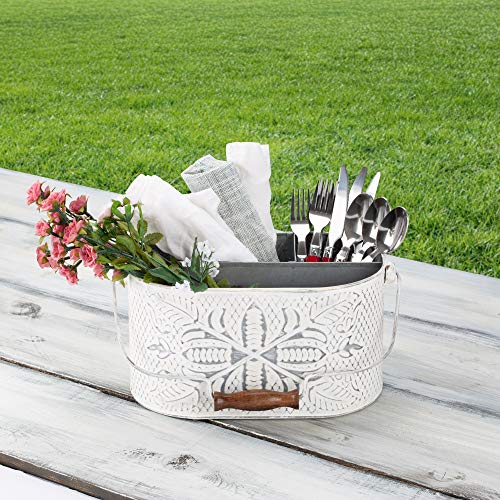 Craftsman Road Distressed White Metal Caddy – Farmhouse Galvanized Kitchen Organizer with Handle – Vintage Rustic Multi-Compartment Holder for Napkins, Plates, Cutlery, Flatware, Cleaning Supplies