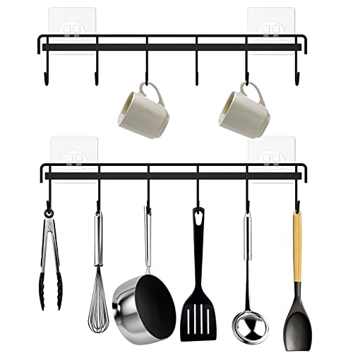 HOMEBROS Kitchen Utensil Rail Rack, 2 Packs Adhesive Utensil Rack Holder with 6 Hooks No Drilling Wall Mounted Hanger for Kitchenware Cups Mugs Towels - Black