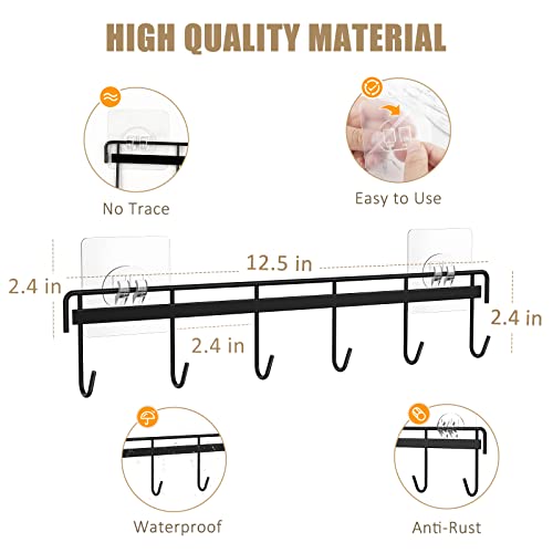 HOMEBROS Kitchen Utensil Rail Rack, 2 Packs Adhesive Utensil Rack Holder with 6 Hooks No Drilling Wall Mounted Hanger for Kitchenware Cups Mugs Towels - Black