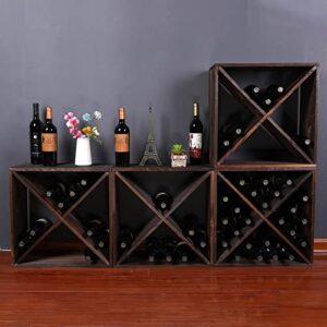 FDHUIJIA Wine Rack Cabinet countertop Wooden Stackable Storage Retro Cube 24 Bottles freestanding Floor Wine Holder Stand (Black)