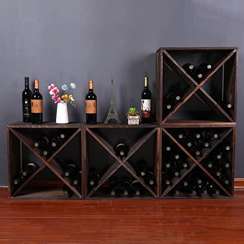 FDHUIJIA Wine Rack Cabinet countertop Wooden Stackable Storage Retro Cube 24 Bottles freestanding Floor Wine Holder Stand (Black)