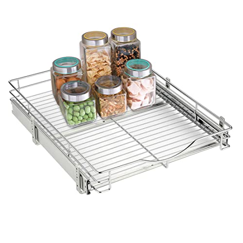 DINDON 1 Tier Pull Out Cabinet Organizer (14" W x 21" D) Heavy-Duty Metal Sliding Drawer Shelf, Slide Out Wire Basket for Kitchen Cabinets, Pantry, Bathroom, Chrome Finish…