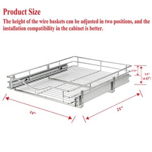 DINDON 1 Tier Pull Out Cabinet Organizer (14" W x 21" D) Heavy-Duty Metal Sliding Drawer Shelf, Slide Out Wire Basket for Kitchen Cabinets, Pantry, Bathroom, Chrome Finish…