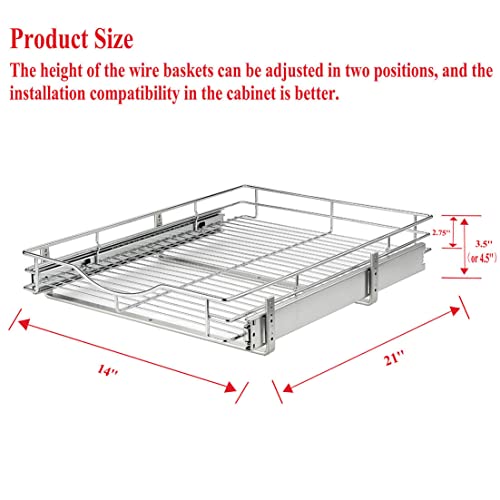 DINDON 1 Tier Pull Out Cabinet Organizer (14" W x 21" D) Heavy-Duty Metal Sliding Drawer Shelf, Slide Out Wire Basket for Kitchen Cabinets, Pantry, Bathroom, Chrome Finish…