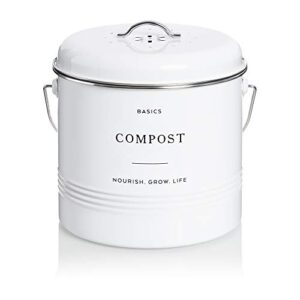 d’lifeful farmhouse compost bin for kitchen indoor – 1.3 gallon carbon steel countertop compost bin – sealed with airtight lid – compost pail or compost bucket with 6 charcoal filters – stylish, white