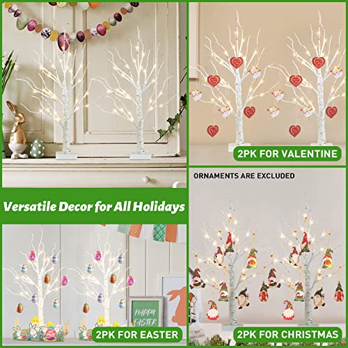 PEIDUO Easter Decorations for The Home, Set of 2 Easter Tree Battery Powered Timer, Lighted Birch Tree with LED Lights, Mantle Decor Lighted Trees for Decoration Inside (2FT Warm White)