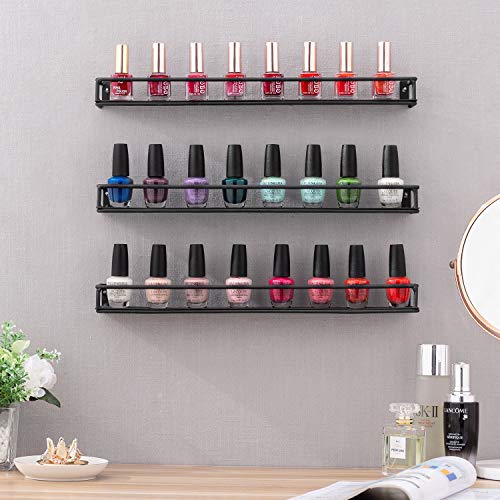 MyGift Set of 3 Wall-Mounted Black Metal Nail Polish and Essential Oils Display Shelves, Kitchen Spice Jars Rack