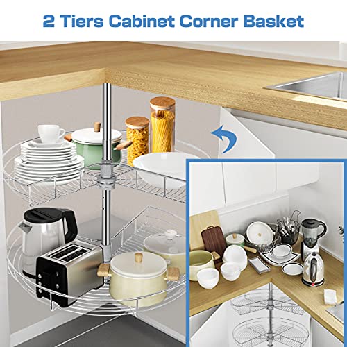 Xverycan 28" Kidney Shaped Lazy Susan Corner Organizer, Stainless Steel Lazy Susan Kitchen Base Cabinet Blind Corner Organizer, 2 Tier Rotating Storage Shelf Rack