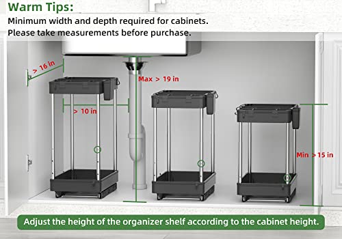 AOSITE 2 Pack Under Sink Storage and Organizers, Sliding Under Cabinet Organizer with Dividers Pull Out Kitchen Cabinet Basket Organizer Adjustable Bathroom Sink Storage Organizer with Hooks