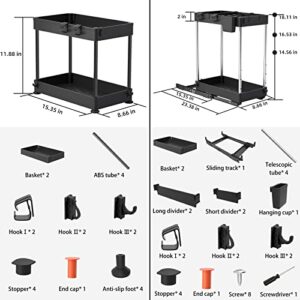 AOSITE 2 Pack Under Sink Storage and Organizers, Sliding Under Cabinet Organizer with Dividers Pull Out Kitchen Cabinet Basket Organizer Adjustable Bathroom Sink Storage Organizer with Hooks