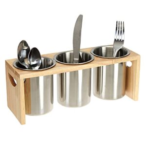 zoofox 3 pack silverware holder, stainless steel utensil organizer with wood base, flatware caddy for spoons, knives and forks, great for kitchen table, cabinet, pantry