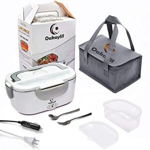 Electric Lunch Box Food Warmer,Oakaylif 2 IN 1 Portable Heated Lunch Boxes for Truck/Home/Office 110V&12V 55W with 2 Compartments,1.5L 304 Stainless Steel Container,SS Fork & Spoon and Insulation Bag