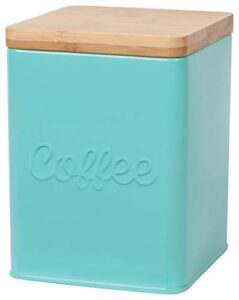 now designs square coffee tin, turquoise, vintage script print