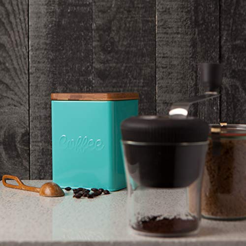 Now Designs Square Coffee Tin, Turquoise, Vintage Script Print