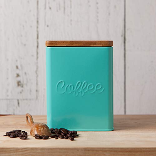 Now Designs Square Coffee Tin, Turquoise, Vintage Script Print