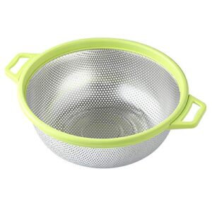 stainless steel colander with handle and legs, large metal green strainer for pasta, spaghetti, berry, veggies, fruits, noodles, salads, 5-quart 10.5” kitchen food mesh colander, dishwasher safe