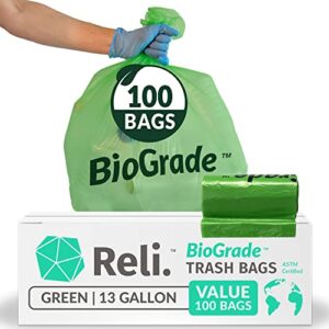 reli. biodegradable 13 gallon trash bags | 100 count, green | astm d6954 | eco-friendly garbage bags 10 gallon – 13 gallon | oxobiodegradable under certain conditions (see product description)