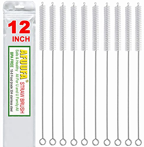 Extra Long Straw Cleaner Brush Extend 12 inch, Extra Wide 12mm diam Pipe Cleaners, Cleaning Brush for Hummingbird Feeders, Nylon Bristles and Stainless Steel Handle Straw Brush Set 10 Pack