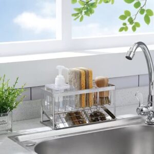 athena’s home & decor – stainless steel sink caddy kitchen sink organizer – adjustable partition kitchen sponge holder for sink – quick draining tray dish sponge holder