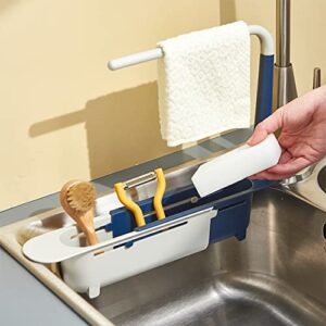 kkjj telescopic sink rack sponge holder, blue sink organizer expandable sink organizer adjustable drainer sink tray sponge soap holder, sink organizer holder dish cloth hanger for kitchen, (sy30)