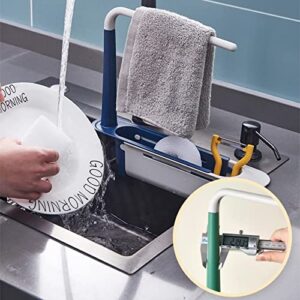 kkjj Telescopic Sink Rack Sponge Holder, Blue Sink Organizer Expandable Sink Organizer Adjustable Drainer Sink Tray Sponge Soap Holder, Sink Organizer Holder Dish Cloth Hanger for Kitchen, (SY30)