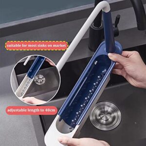 kkjj Telescopic Sink Rack Sponge Holder, Blue Sink Organizer Expandable Sink Organizer Adjustable Drainer Sink Tray Sponge Soap Holder, Sink Organizer Holder Dish Cloth Hanger for Kitchen, (SY30)