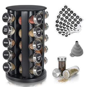 black countertop revolving spice rack, empty 20-jars rotating spice rack organizer, round carousel spice rack tower, 135 spice labels with funnel complete set, for kitchen countertop, cabinet