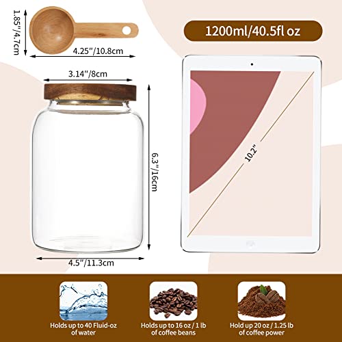 Glass Coffee Storage Jar with Lids Spoon Thicken Glass Coffee Canister 40 Oz (1200 mL) Borosilicate Glass Food Containers for Ground Coffee Beans Nut Pasta Sugar Candy Spice Rice Loose Tea