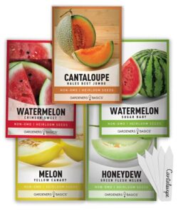 melon fruit seeds for planting home garden 5 variety packs – hales best cantaloupe, crimson sweet watermelon, yellow canary melon, green flesh honeydew melon, sugar baby watermelon by gardeners basics