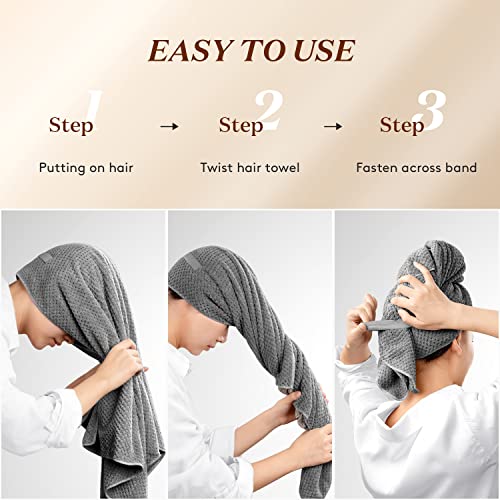 Large Microfiber Hair Towel Wrap for Women, Anti Frizz Hair Drying Towel with Elastic Strap, Fast Drying Hair Turbans for Wet Hair, Long, Thick, Curly Hair, Super Soft Hair Wrap Towels Dark Gray