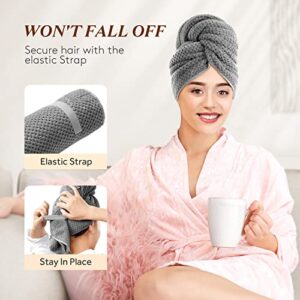 Large Microfiber Hair Towel Wrap for Women, Anti Frizz Hair Drying Towel with Elastic Strap, Fast Drying Hair Turbans for Wet Hair, Long, Thick, Curly Hair, Super Soft Hair Wrap Towels Dark Gray