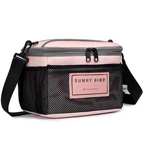 SUNNY BIRD Insulated Lunch Bag with Foldable and Leakproof Design, Thermally Insulated, Shoulder Strap for Women, Men and Teen (Pink 002)