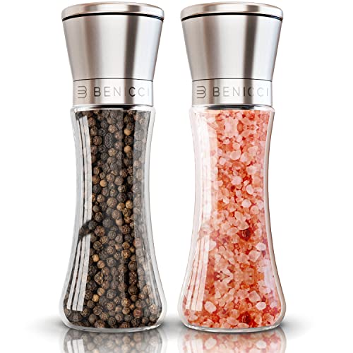 Premium Salt and Pepper Grinder Set of 2 - Two Refillable, Stainless Steel Sea Salt & Spice Shakers with Adjustable Coarse Mills - Easy Clean Ceramic Grinders w/ BONUS Silicone Funnel & Cleaning Brush