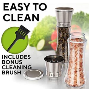 Premium Salt and Pepper Grinder Set of 2 - Two Refillable, Stainless Steel Sea Salt & Spice Shakers with Adjustable Coarse Mills - Easy Clean Ceramic Grinders w/ BONUS Silicone Funnel & Cleaning Brush