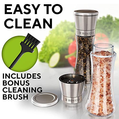 Premium Salt and Pepper Grinder Set of 2 - Two Refillable, Stainless Steel Sea Salt & Spice Shakers with Adjustable Coarse Mills - Easy Clean Ceramic Grinders w/ BONUS Silicone Funnel & Cleaning Brush